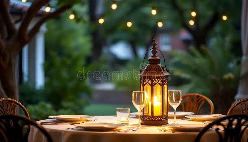An Outdoor Dining Scene with a Candle Lantern and String Lights Stock ...