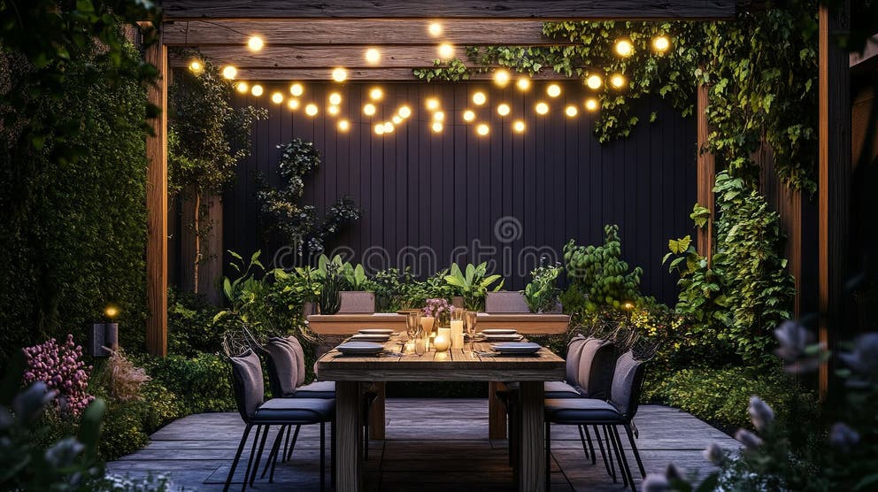 Outdoor Dining Set in a Garden with String Lights Overhead. Stock Image ...