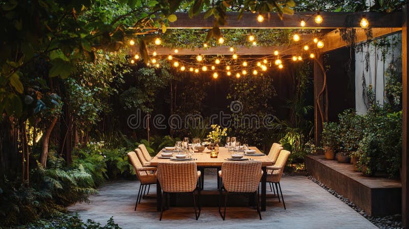 Outdoor Dining Set in a Garden with String Lights Overhead. Stock Photo ...