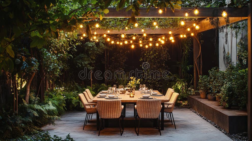 Outdoor Dining Set in a Garden with String Lights Overhead. Stock Photo ...