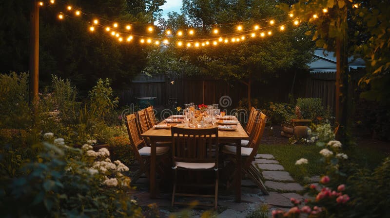 Outdoor Dining Set in a Garden with String Lights Overhead. Stock Image ...