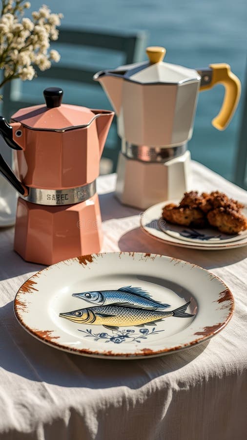 Outdoor Dining Setup with Coffee Pots and Fish-themed Plates on a Sunny ...