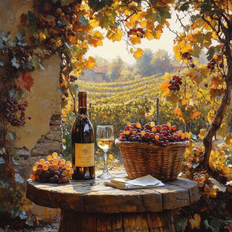 Outdoor Dining Setup Focused on Winemaking Elements, Featuring a Rustic ...