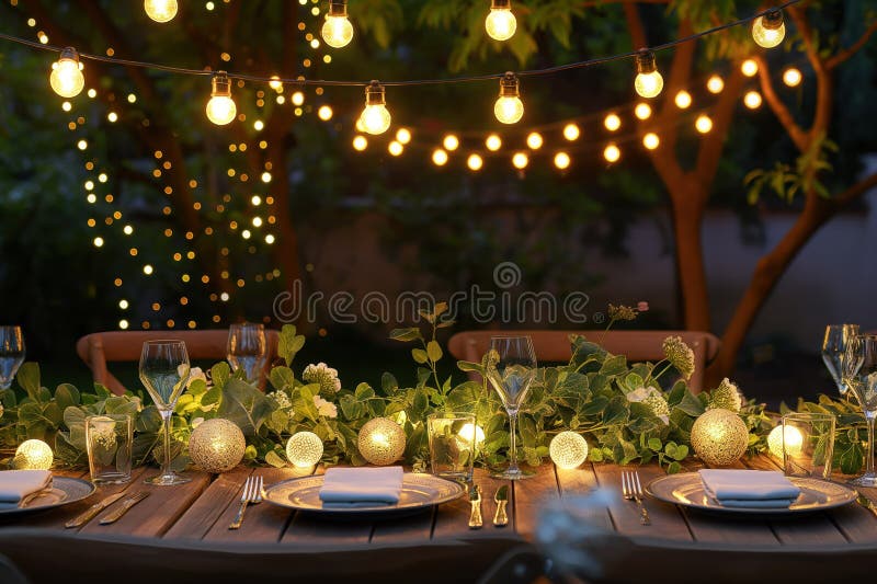 Outdoor Dining Setup Surrounded by Rich Garden with String Lights ...