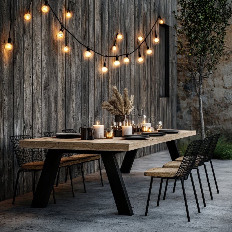 Outdoor Dining Space with String Lights Stock Illustration ...