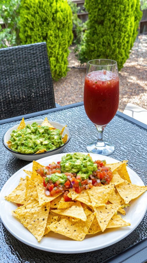 Outdoor Dining Table with Festive Spread of Nachos, Salsa, and ...