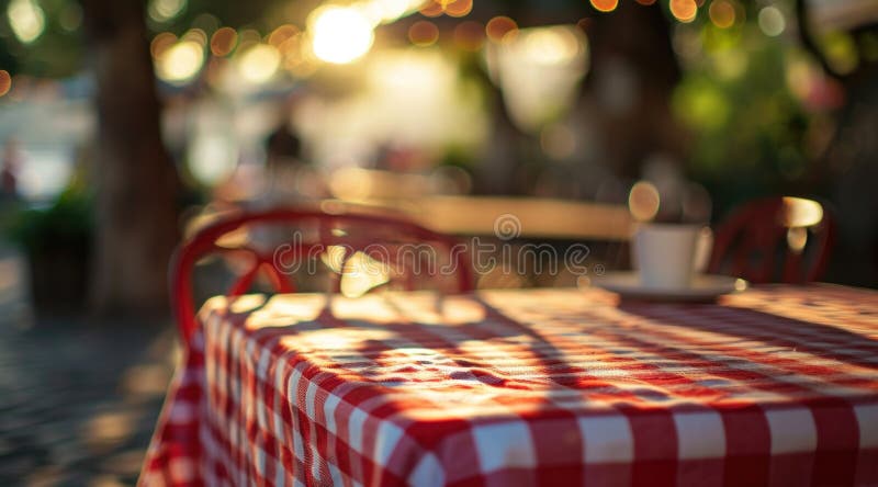 An Outdoor Dining Table with a Red and White Checkered Tablecloth Stock ...