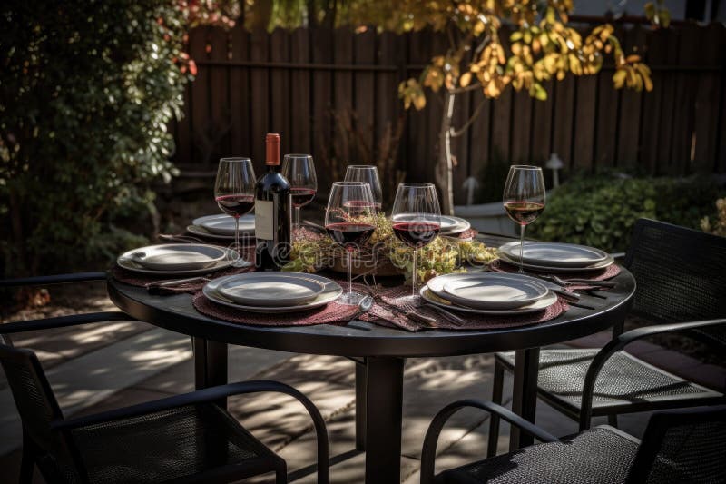 Outdoor Dining Table Set for Four with Wine Glasses, Plates, and ...