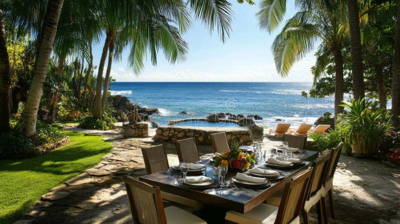 Outdoor Dining Table Set with Ocean View Framed by Palm Trees Stock ...