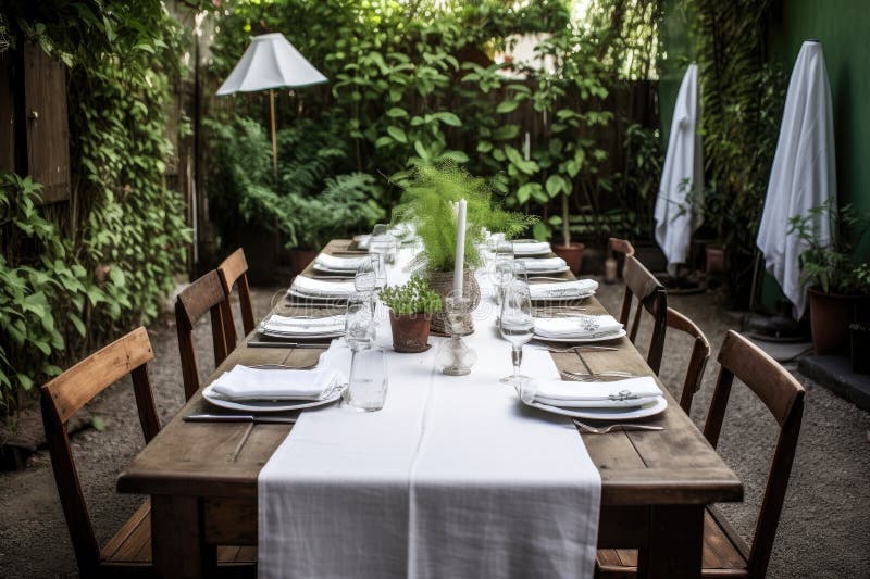 Outdoor Dining Table, Set with White Linens and Silverware, Surrounded ...