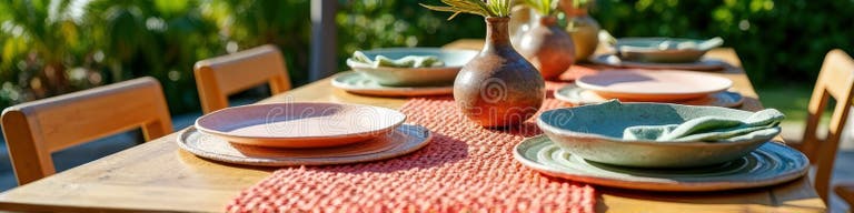 Outdoor Dining Table Setup with Earthenware Plates and Rustic ...