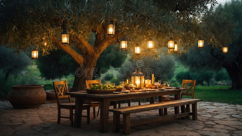 Romantic Outdoor Dinner Party Under Olive Tree at Night Stock ...