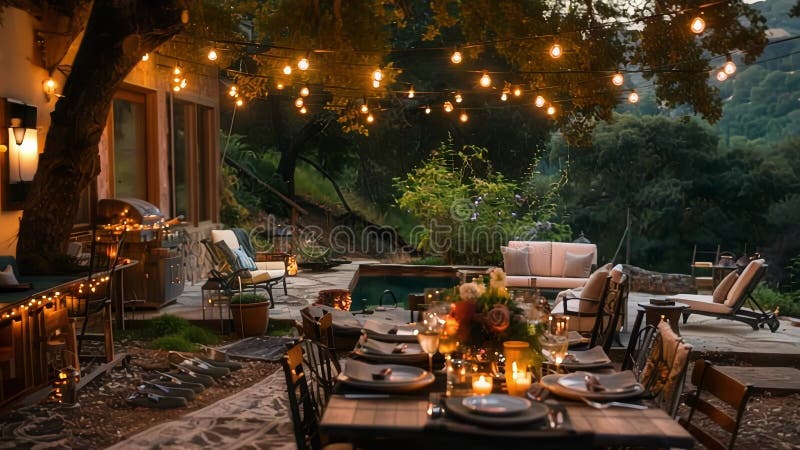 Outdoor Dinner Party Setting Under String Lights in Backyard Stock ...