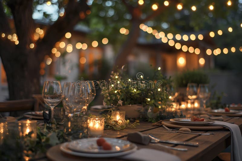 Outdoor Dinner Party Setting Under String Lights with Plants Decor ...