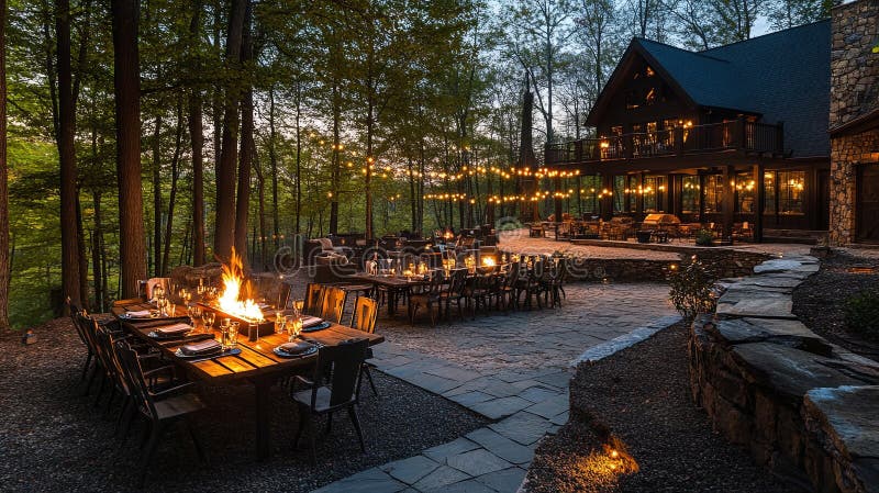 Outdoor Dinner with Rustic Tables, Glowing Fire Pit, and Fresh Food ...