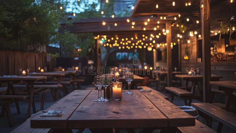 Outdoor Dinner with Wooden Tables, Candles, and String Lights.. Stock ...