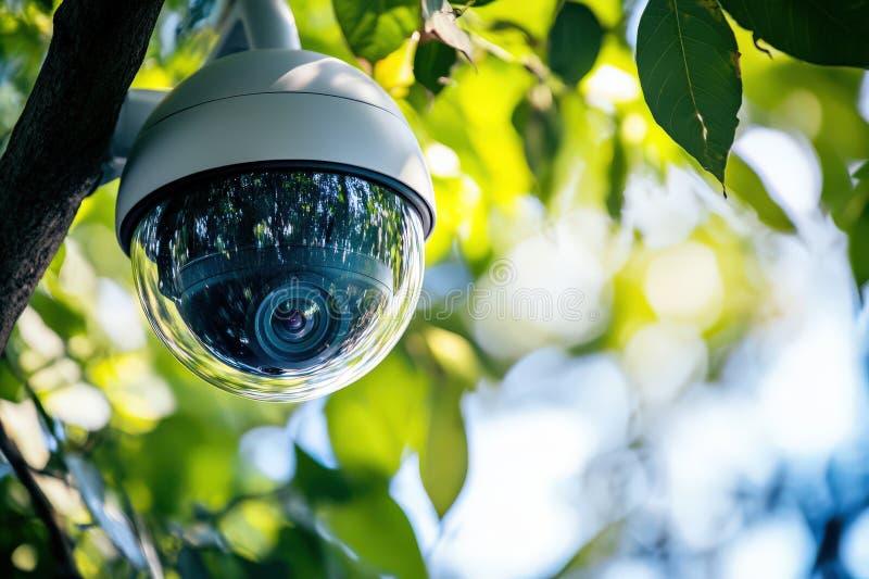 Outdoor Dome Security Camera Hanging from a Tree with Green Foliage in ...