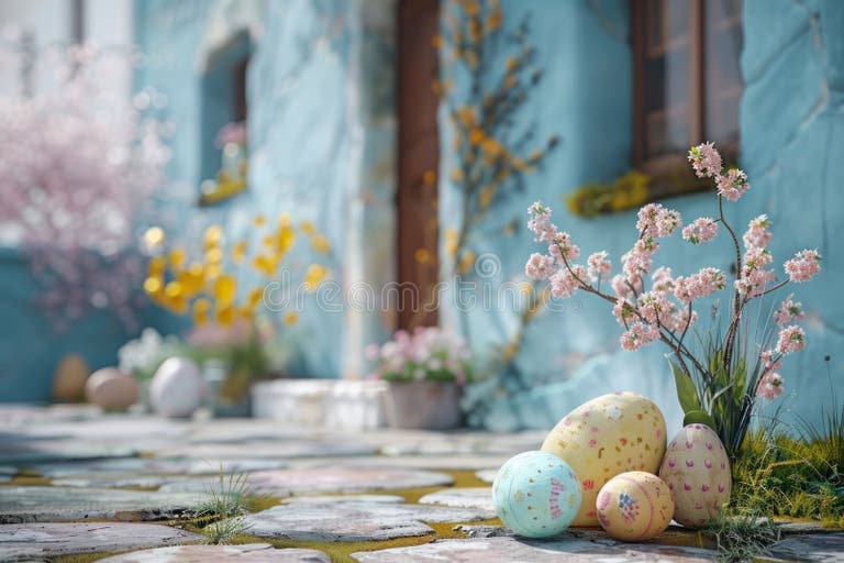 Outdoor Easter Cottage Wall, Easter Theme. Generative AI Stock Photo ...