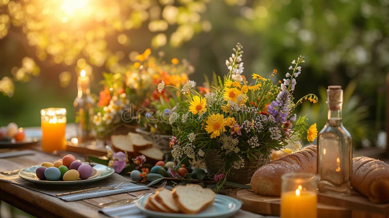 Outdoor Easter Table Setting with Vases of Spring Flowers, Lit Candles ...