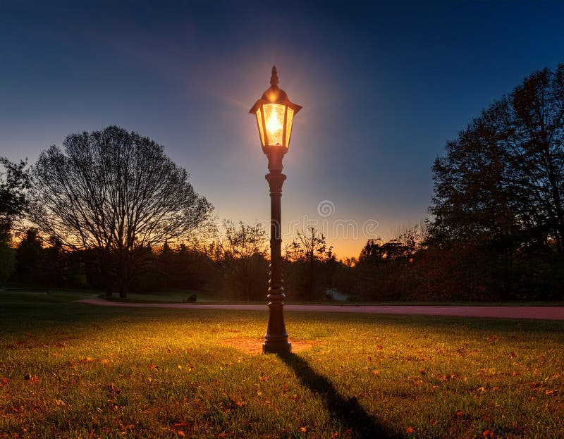 An Outdoor Electric Lamp Post at Twilight with Soft Glowing Light in a ...