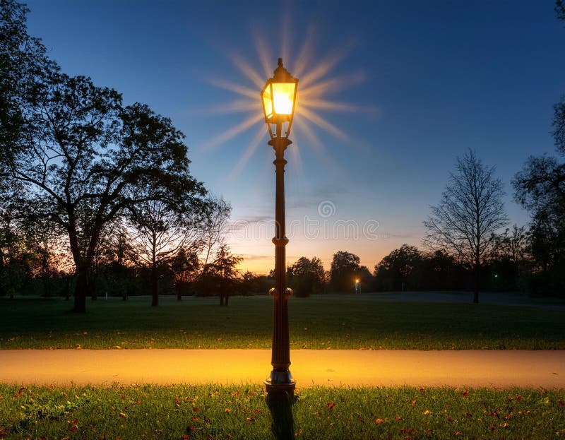 An Outdoor Electric Lamp Post at Twilight with Soft Glowing Light in a ...