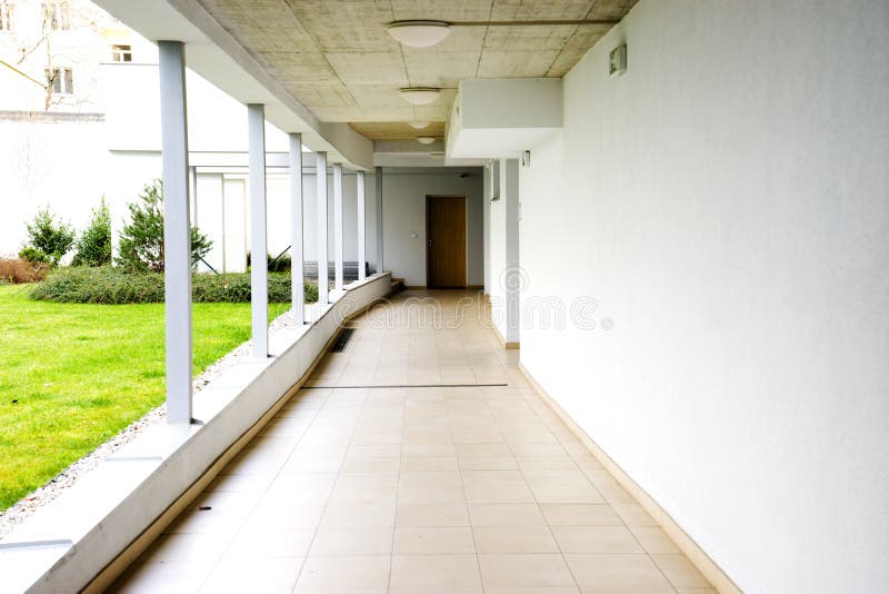 Outdoor Empty Corridor with Garden in the Modern Office Building Stock ...