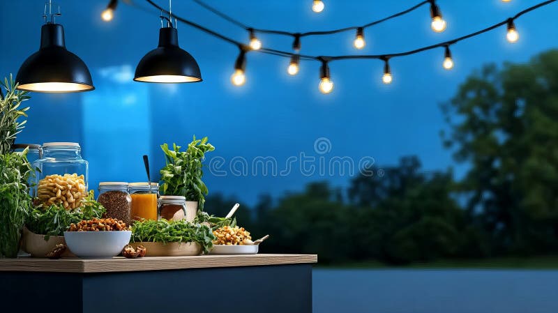 Outdoor Evening Picnic Table with Fresh Vegetables and String Lights ...