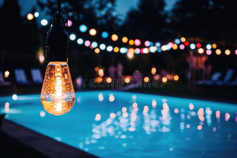 Evening Poolside Bar with String Lights and Palm Trees Stock Photo ...