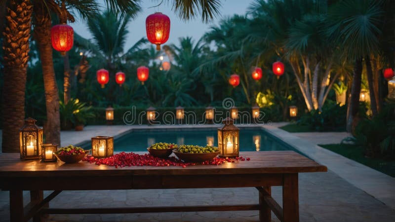 Romantic Evening Poolside Dinner Setting with Lanterns and Fruit Stock ...