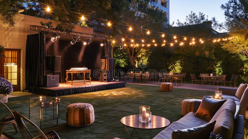 Outdoor Event Space Featuring Stage Setup and Elegant Seating Stock ...