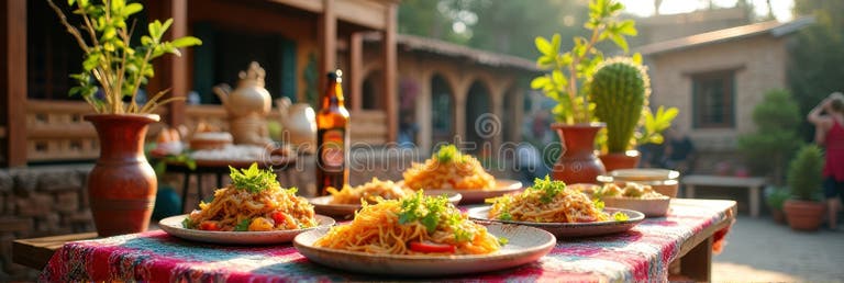 Outdoor Feast with Spaghetti Dishes on Rustic Table in Warm Daylight ...