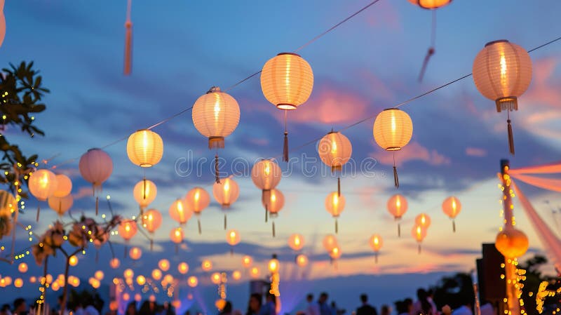 Outdoor Festival at Dusk with Lanterns and Soft Lighting Stock Photo ...