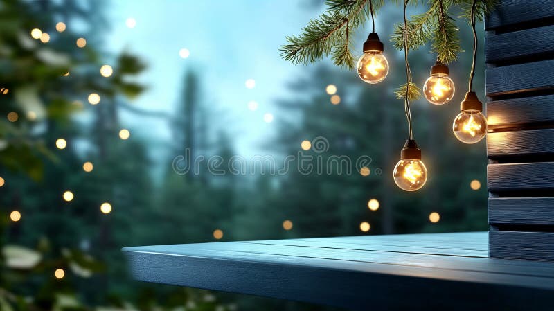 Outdoor Festive String Lights on Wooden Deck in Forest Setting Stock ...