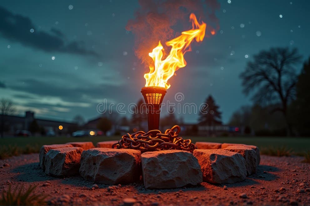 Outdoor Fire Pit with Flaming Torch Surrounded by Chain and Bricks at ...
