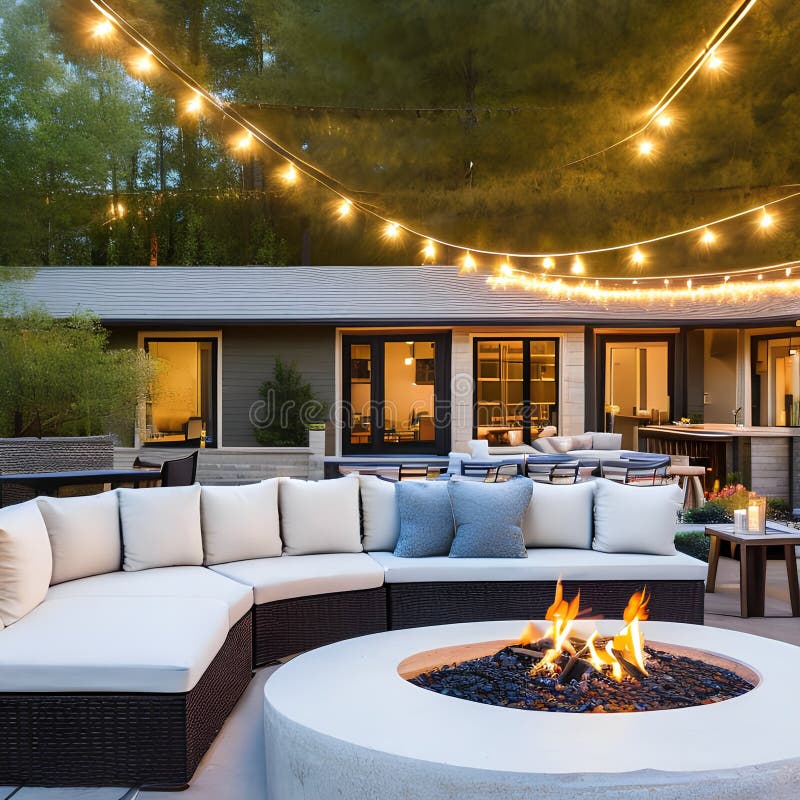 An Outdoor Fire Pit Lounge Area with Cozy Seating, String Lights, and ...
