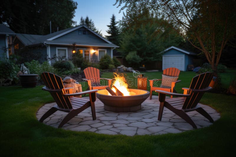 An Outdoor Fire Pit Setup with Chairs Around it in a Backyard Stock ...