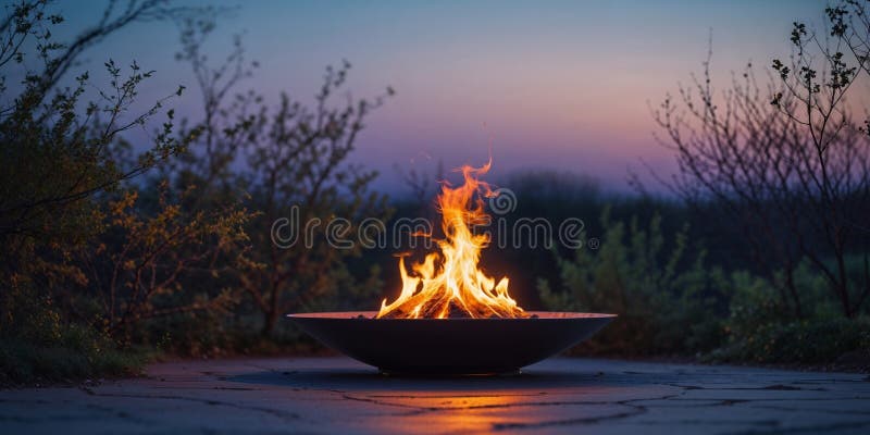 Outdoor Fireplace with Burning Fire in Garden at Dusk Setting. Stock ...