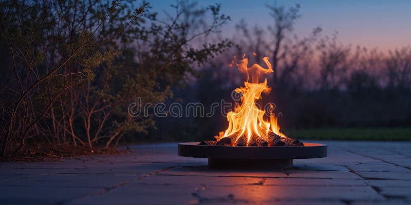 Outdoor Fireplace with Burning Fire in Garden at Dusk Setting Stock ...
