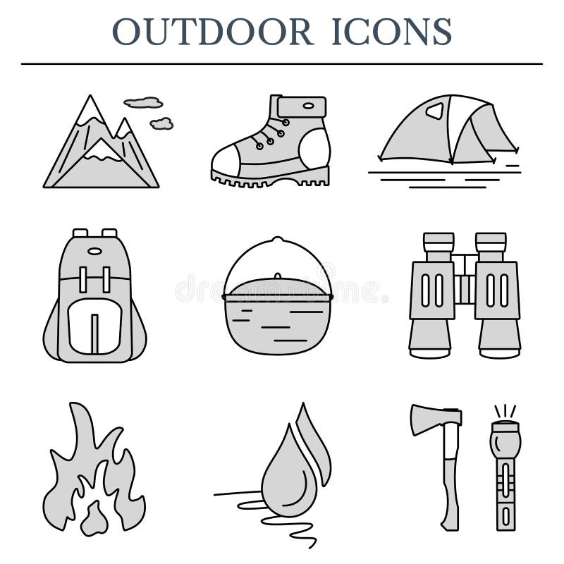 Outdoor Flat Icons. Set of Hiking and Camping Outline Symbols. Stock ...