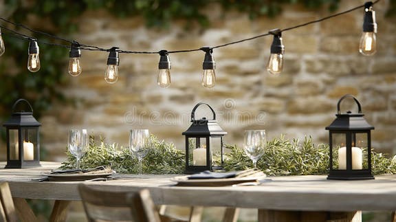 Outdoor Garden Party String Lights Table Setting Stock Image - Image of ...