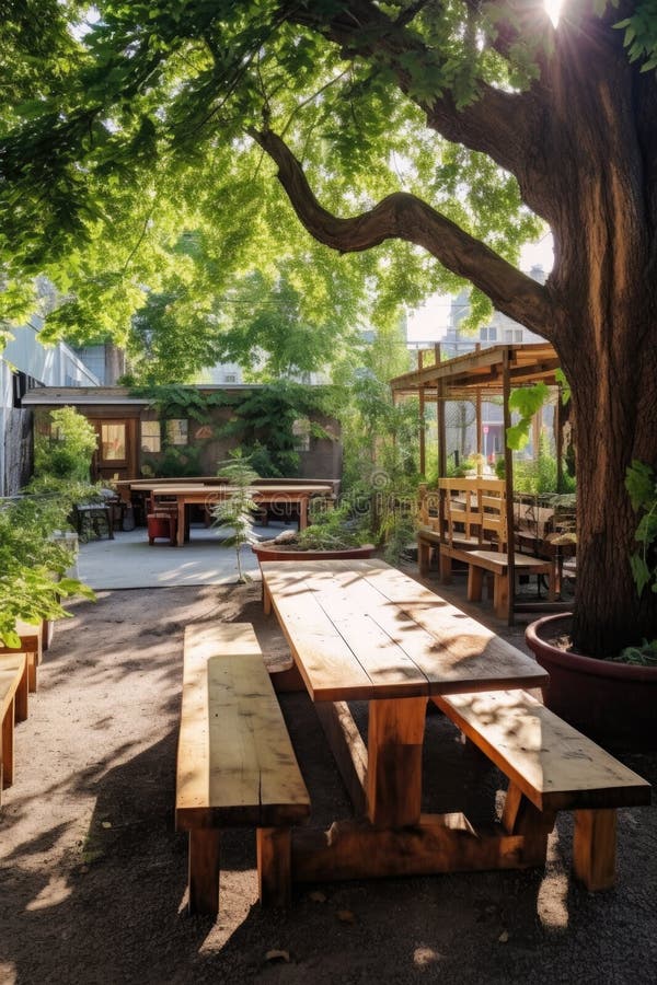 Outdoor Gathering Space with Benches and Tables Stock Illustration ...