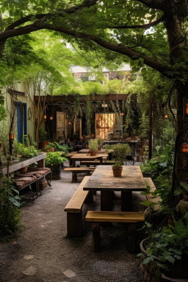 Outdoor Gathering Space with Benches and Tables Stock Photo - Image of ...