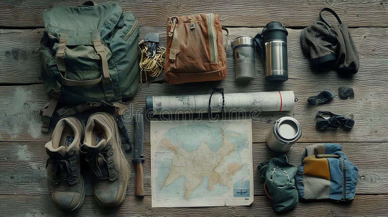 Outdoor Gear Collection Neatly Arranged on a Rustic Wooden Surface for ...