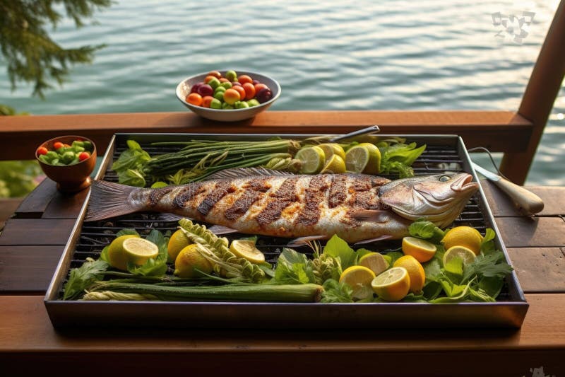 Outdoor Grill Setup with Fish and Vegetables on Boat Stock Illustration ...