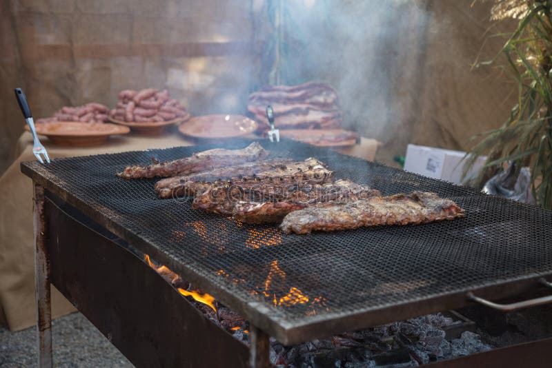 Outdoor Grilled Meat: Steaks and Sausages. Stock Image - Image of ...