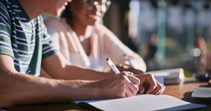 Outdoor, Hands and University Student with Writing on Notebook for ...