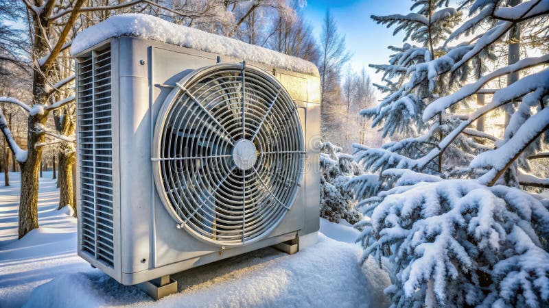 Outdoor Heating and Cooling Unit Covered in Snow during Winter ...