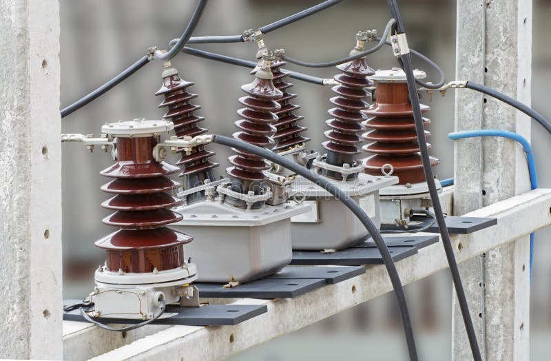 High Voltage Riser Pole Isolated on Blue Background Stock Image - Image ...