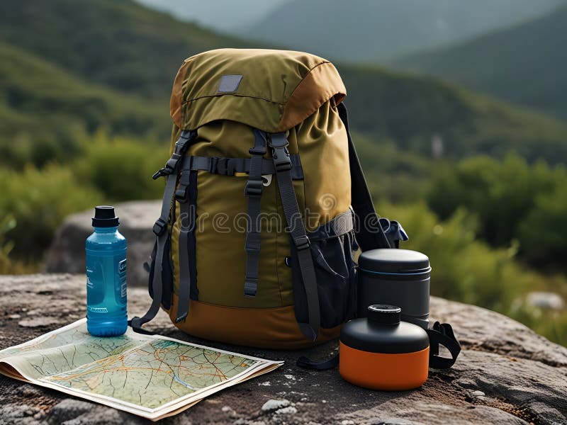 Outdoor Hiking Essentials with Backpack Stock Illustration ...