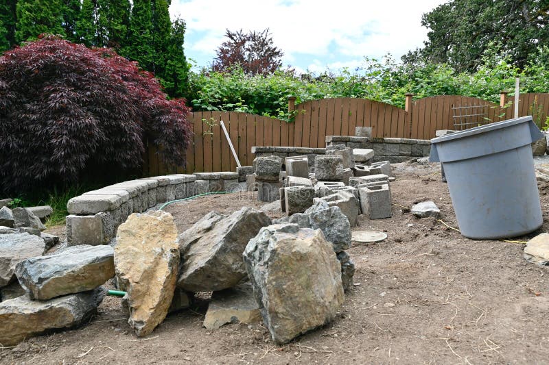 Yard and Garden Construction Project in Progress, Building Stone Lined ...